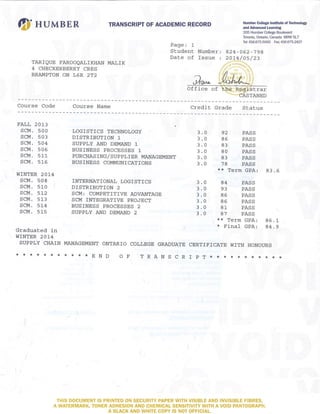 Humber College Transcript | PDF