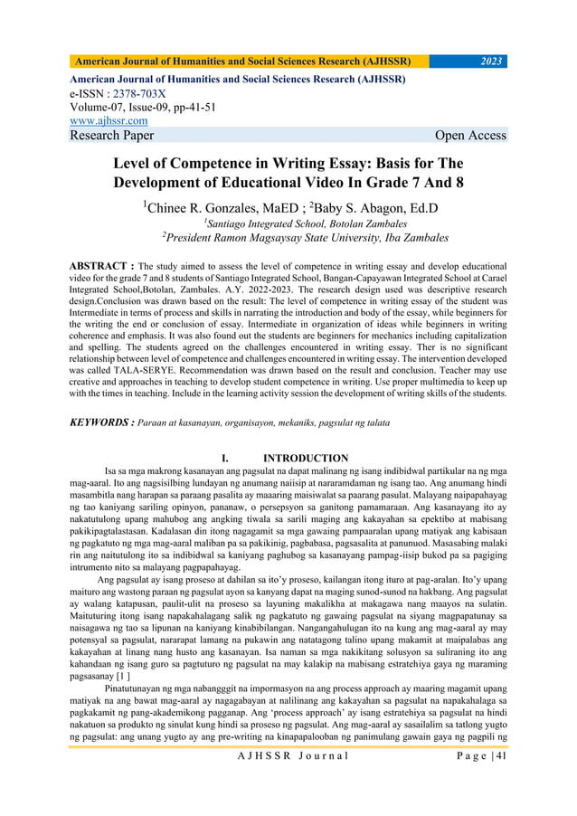 Level of Competence in Writing Essay: Basis for The Development of ...