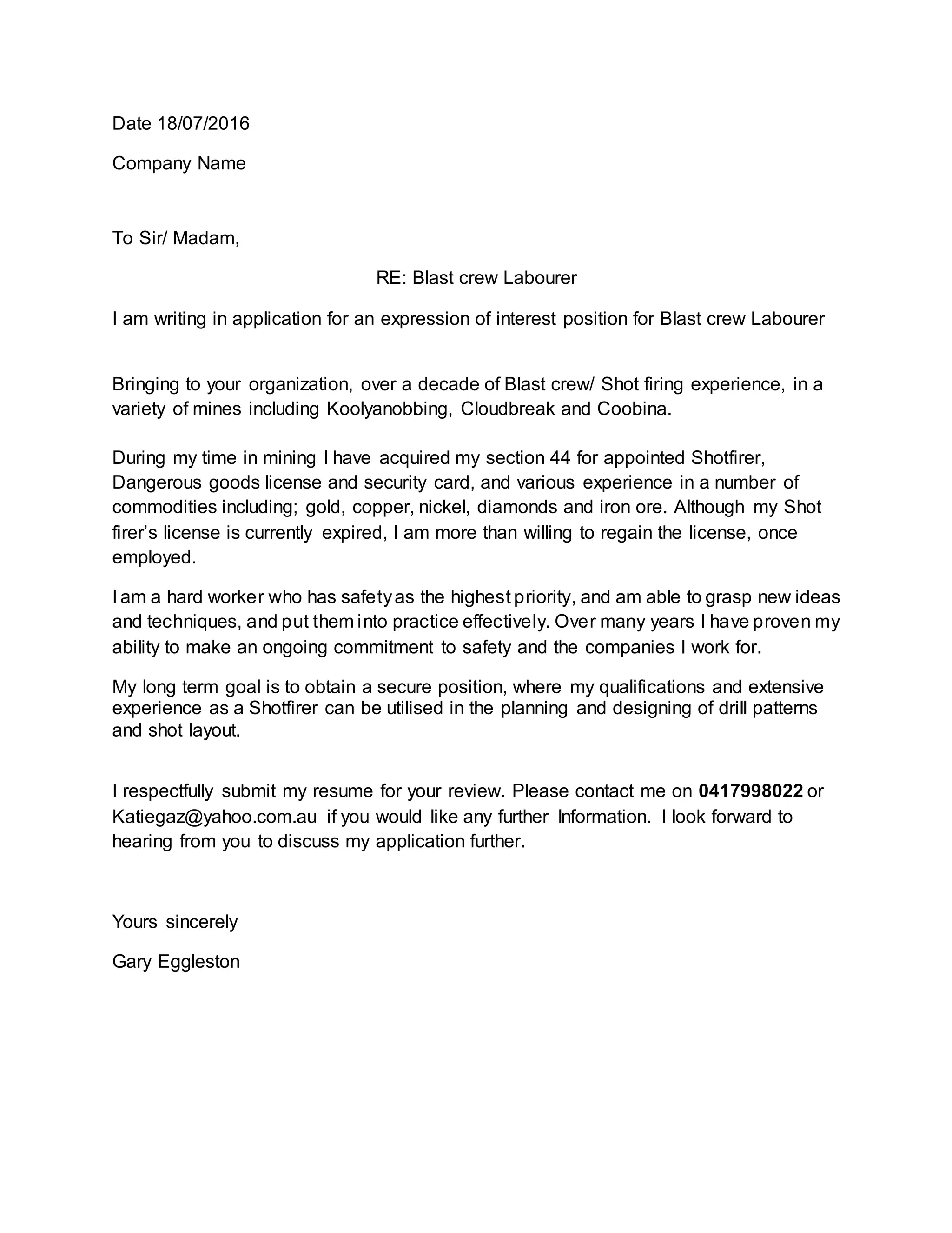 Gary Eggleston Cover Letter - shot | DOCX | Commodities | Economy