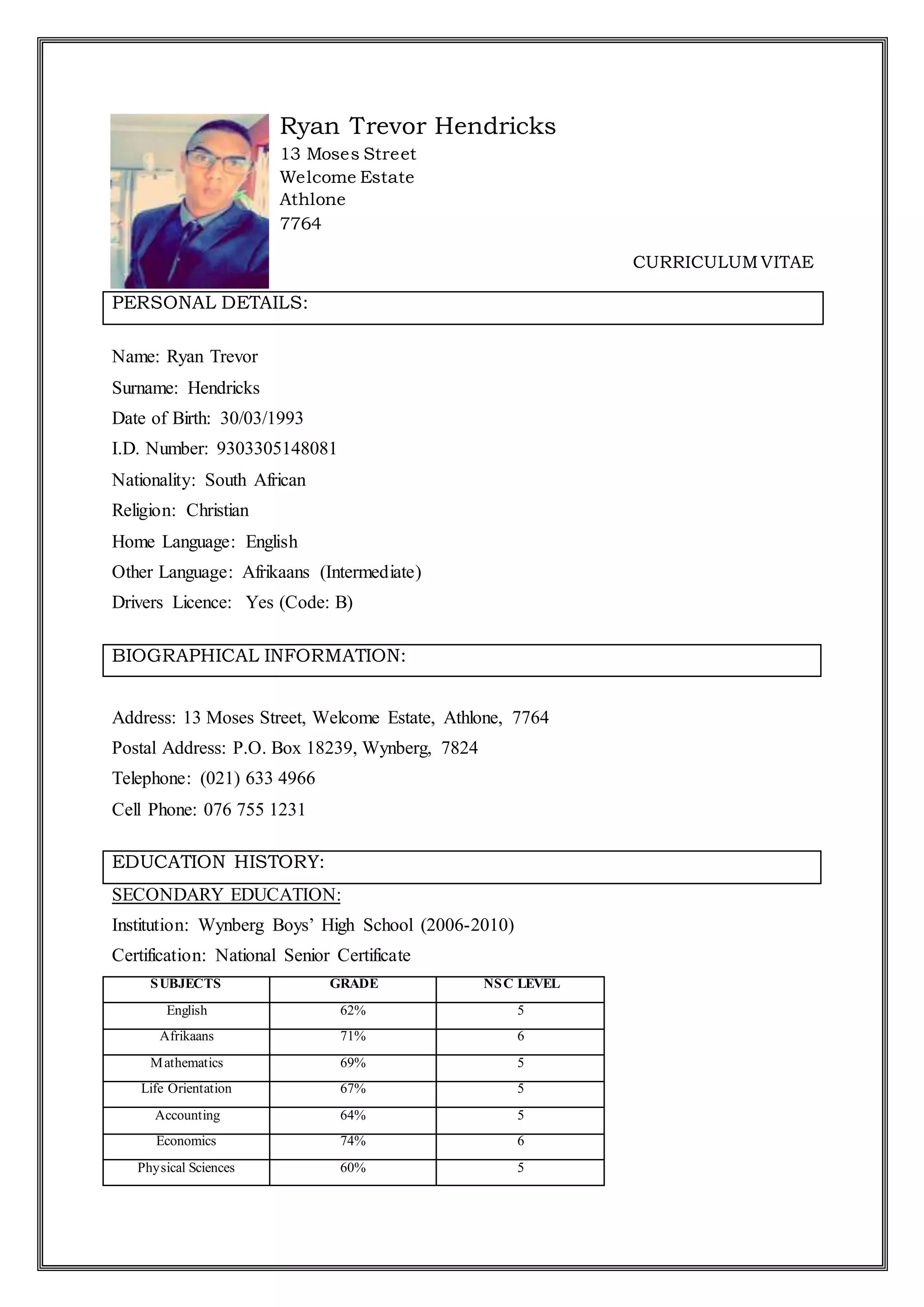 Ryan Hendricks CV | DOCX