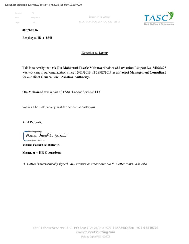 5545 Ola Mohamad Experience Letter- TASC | PDF