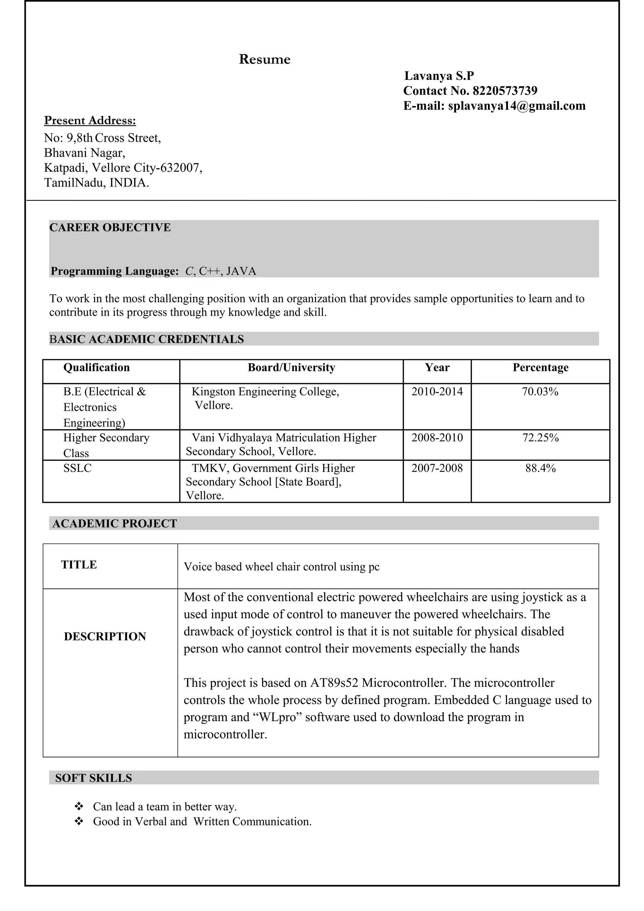 Lavanya SP Resume | DOC