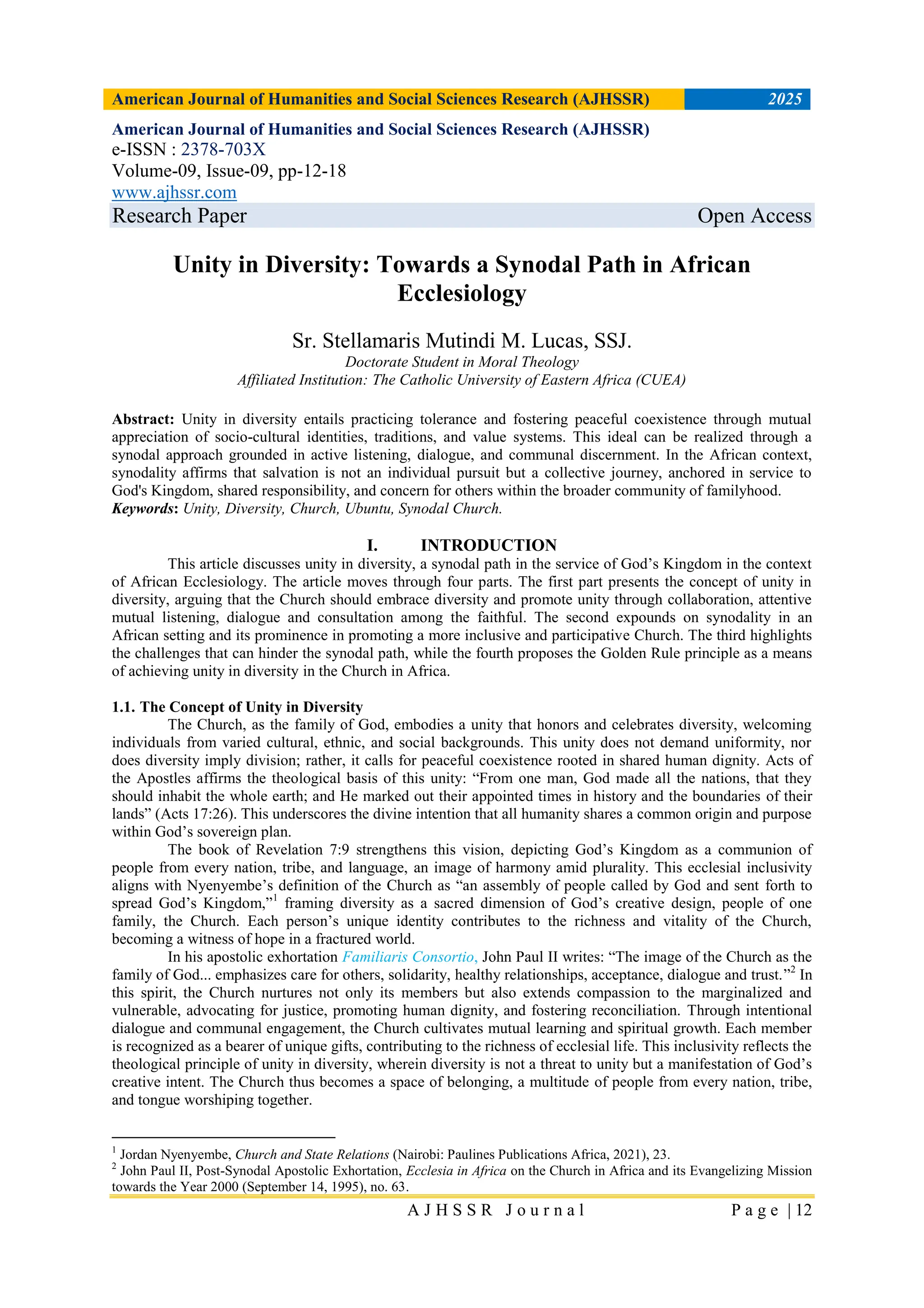 Unity in Diversity: Towards a Synodal Path in African Ecclesiology | PDF