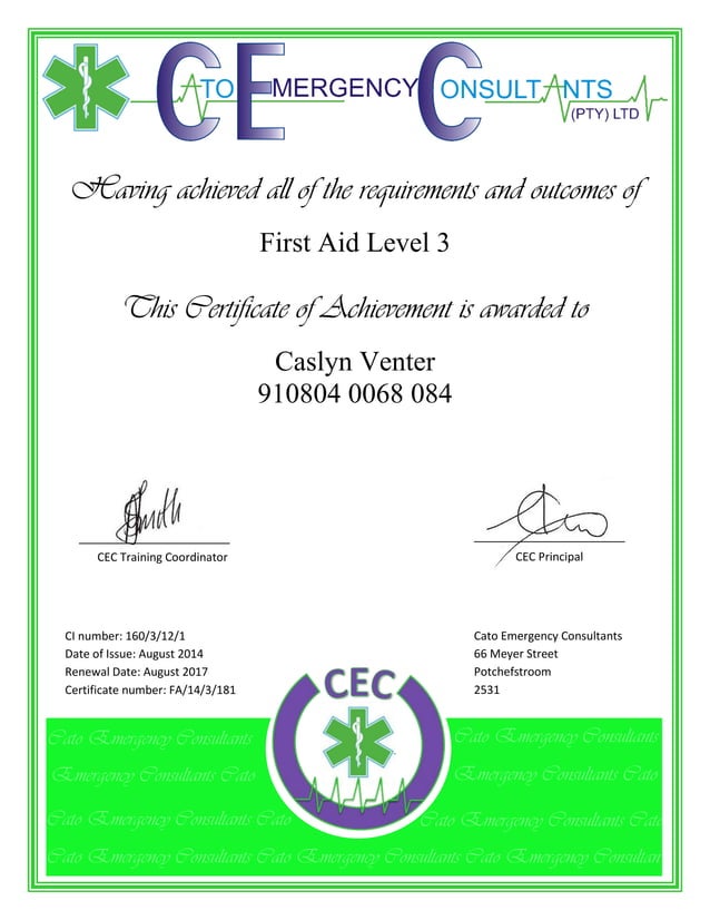 C.Venter - First Aid Certificate | PDF