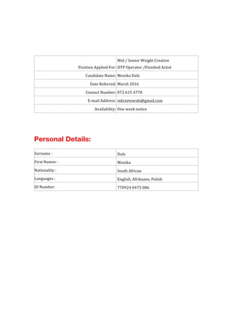 Monika Dulz CV March 2016 | PDF