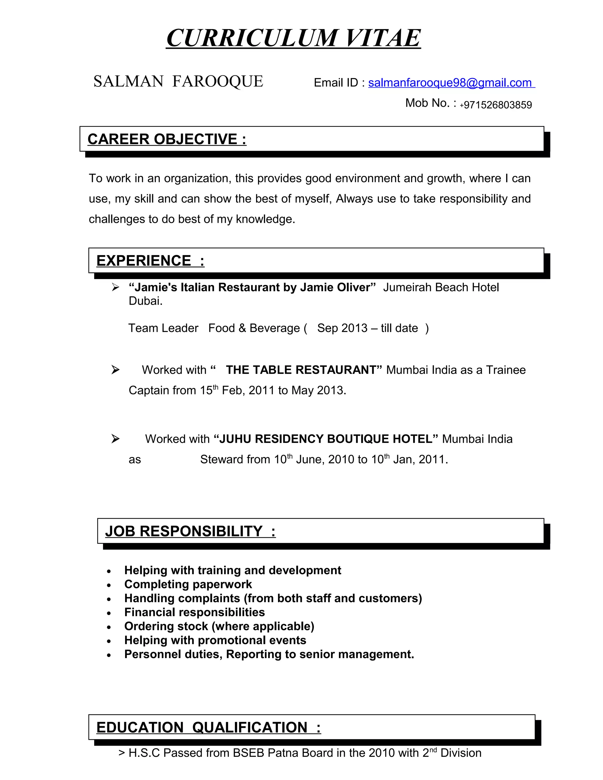 SALMAN resume | DOC | Food & Drink