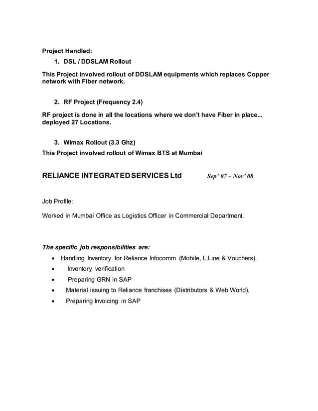 Resume_Sachin Mhatre | DOCX | Telecommunications Industry | Industries