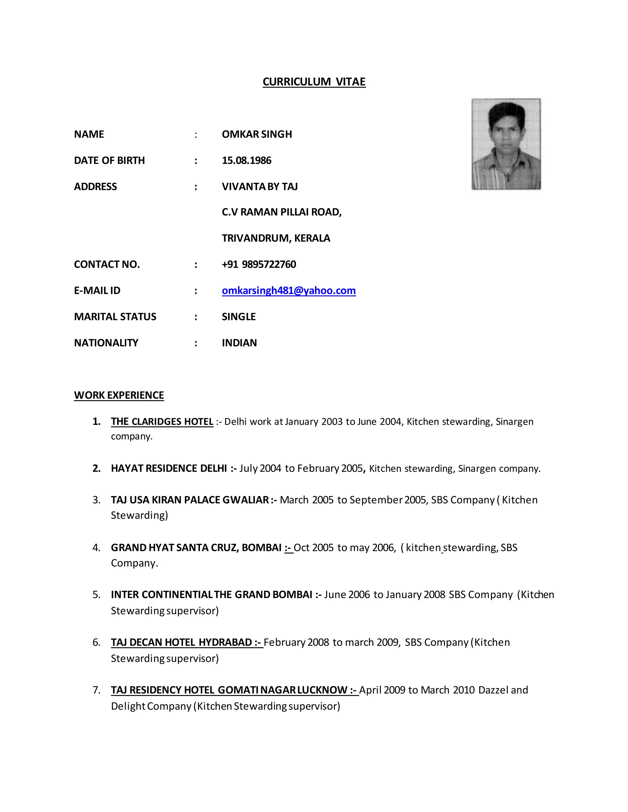 Omkar singh resume (1) | DOCX | Hotels and Motels | Travel Type