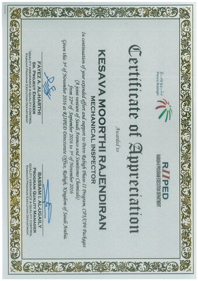 Petro-Rabigh Appreciation certificates | PDF