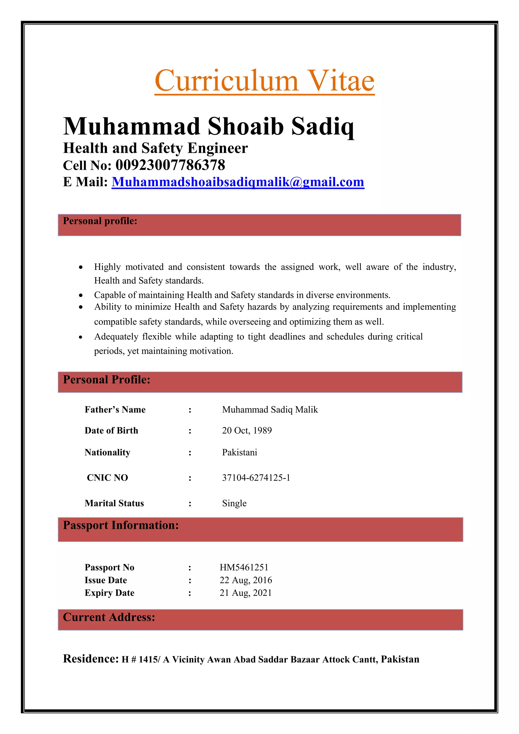 HSE ENGINEER CV OF MUHAMMAD SHOAIB SADIQ -2- | PDF