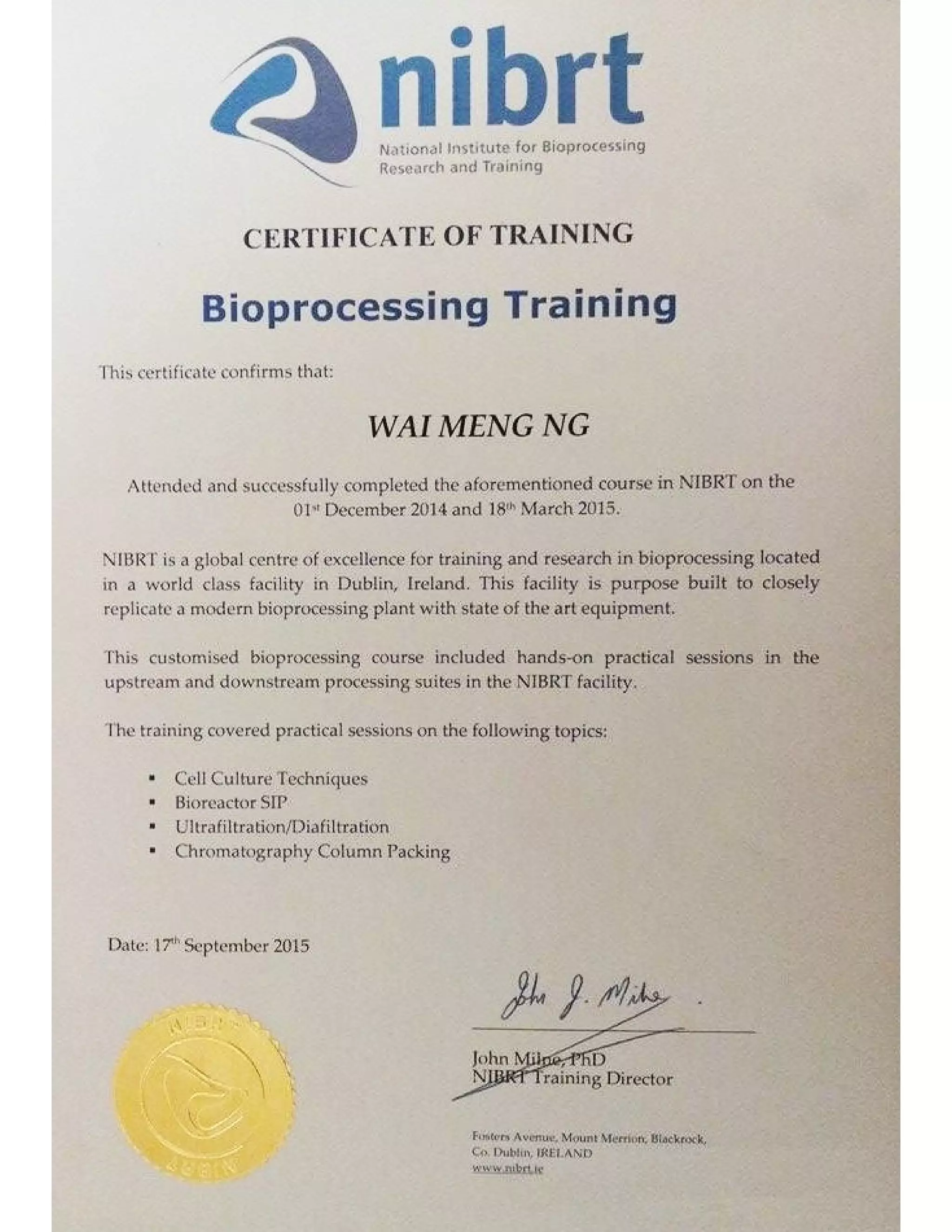 NIBRT Bioprocessing Certificate 2015 | PDF
