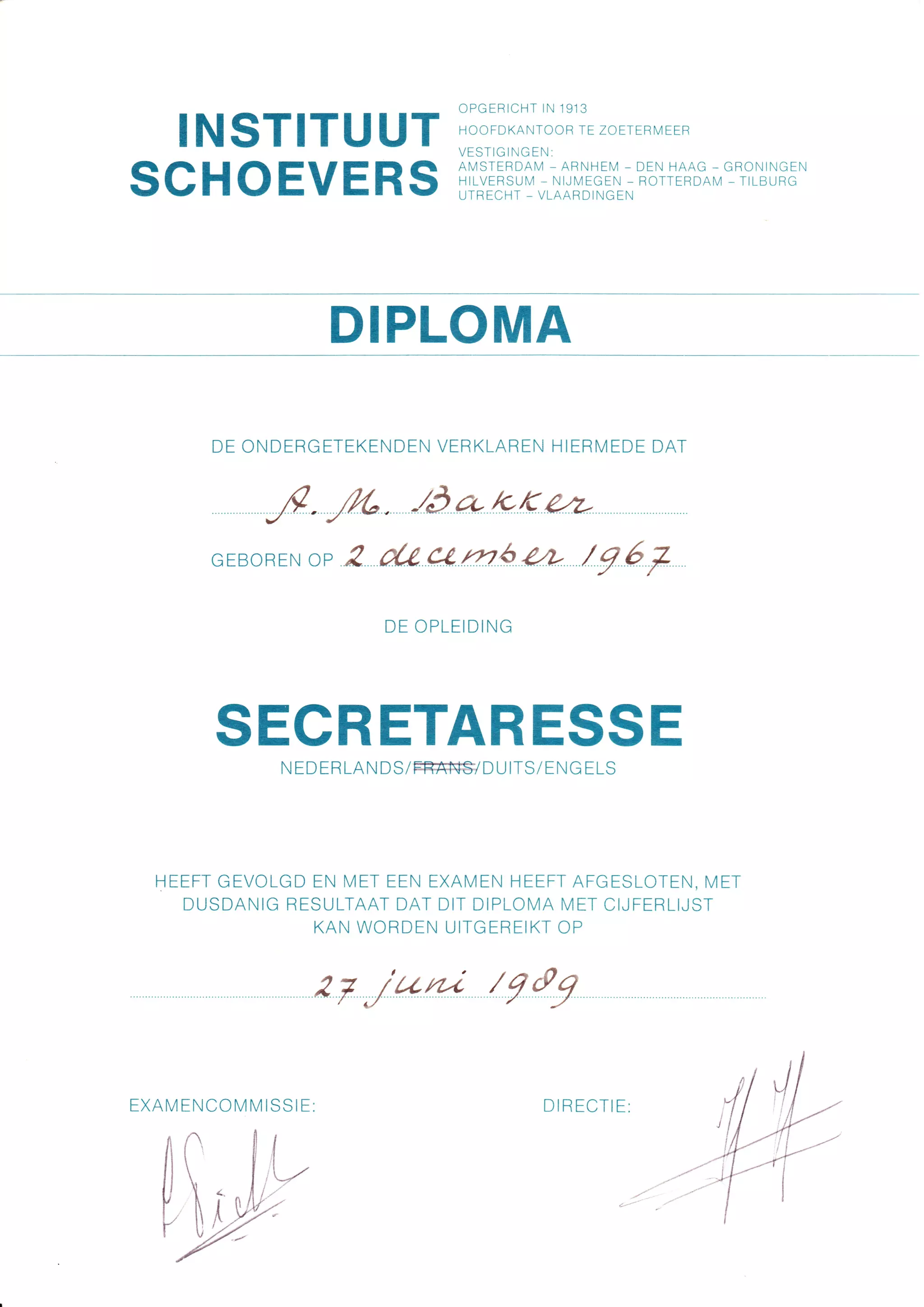 Certificaat - Schoevers - Directiesecretaresse | PDF