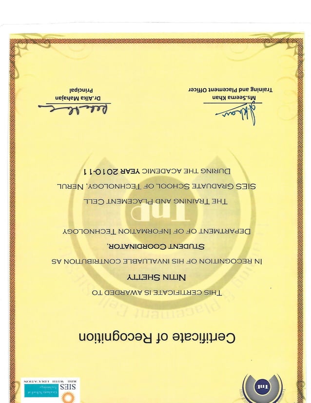 Certificate of Recognition - Training & Placement Cell of SIES GST | PDF