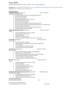 Susan Watts' Resume | DOCX | Grocery Shopping | Shopping