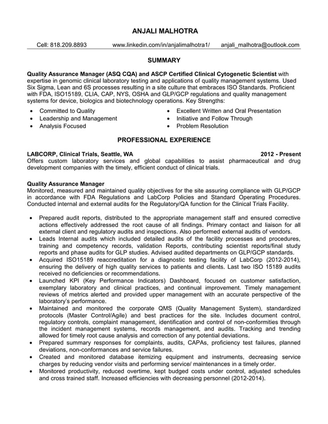 Quality Assurance Manager Anjali Malhotra Resume | DOC