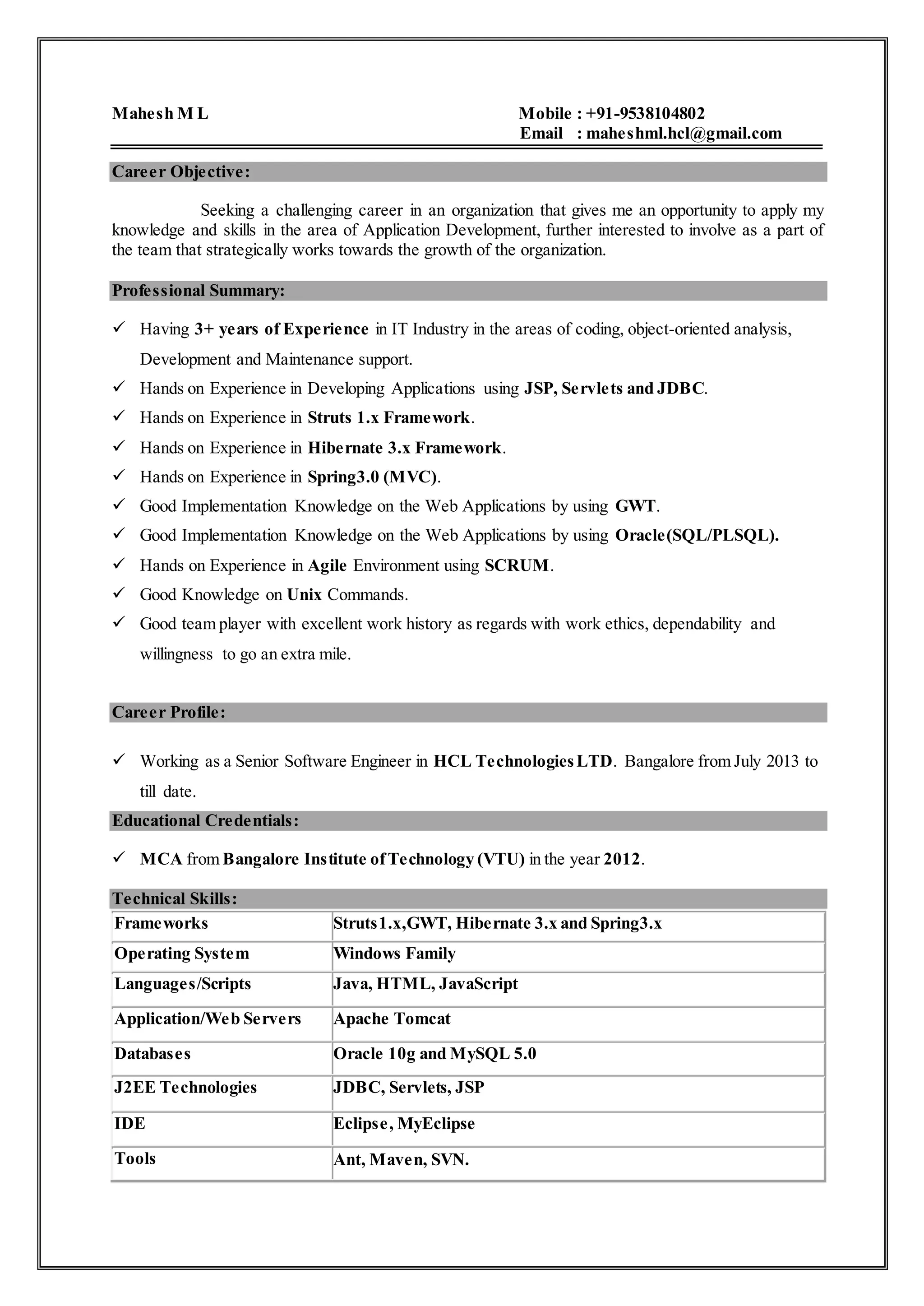 Mahesh-JAVA-3+yrs exp_Resume | DOCX | Web Development | Internet