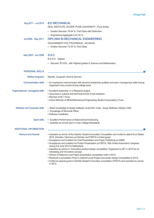 Experienced Mechanical Engineer Resume | DOC