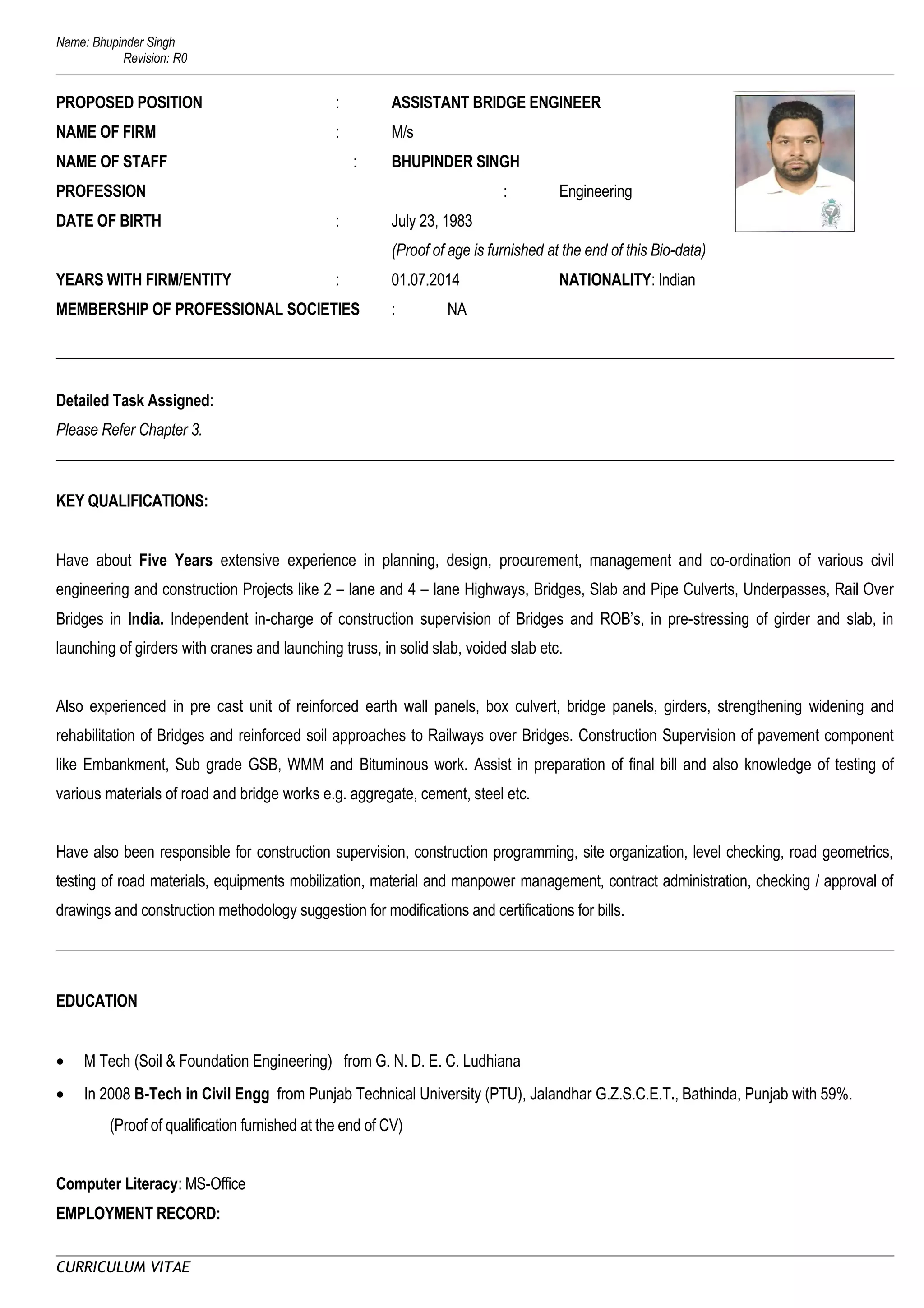 Asstt Bridge Engineer - Bhupinder Singh | DOC