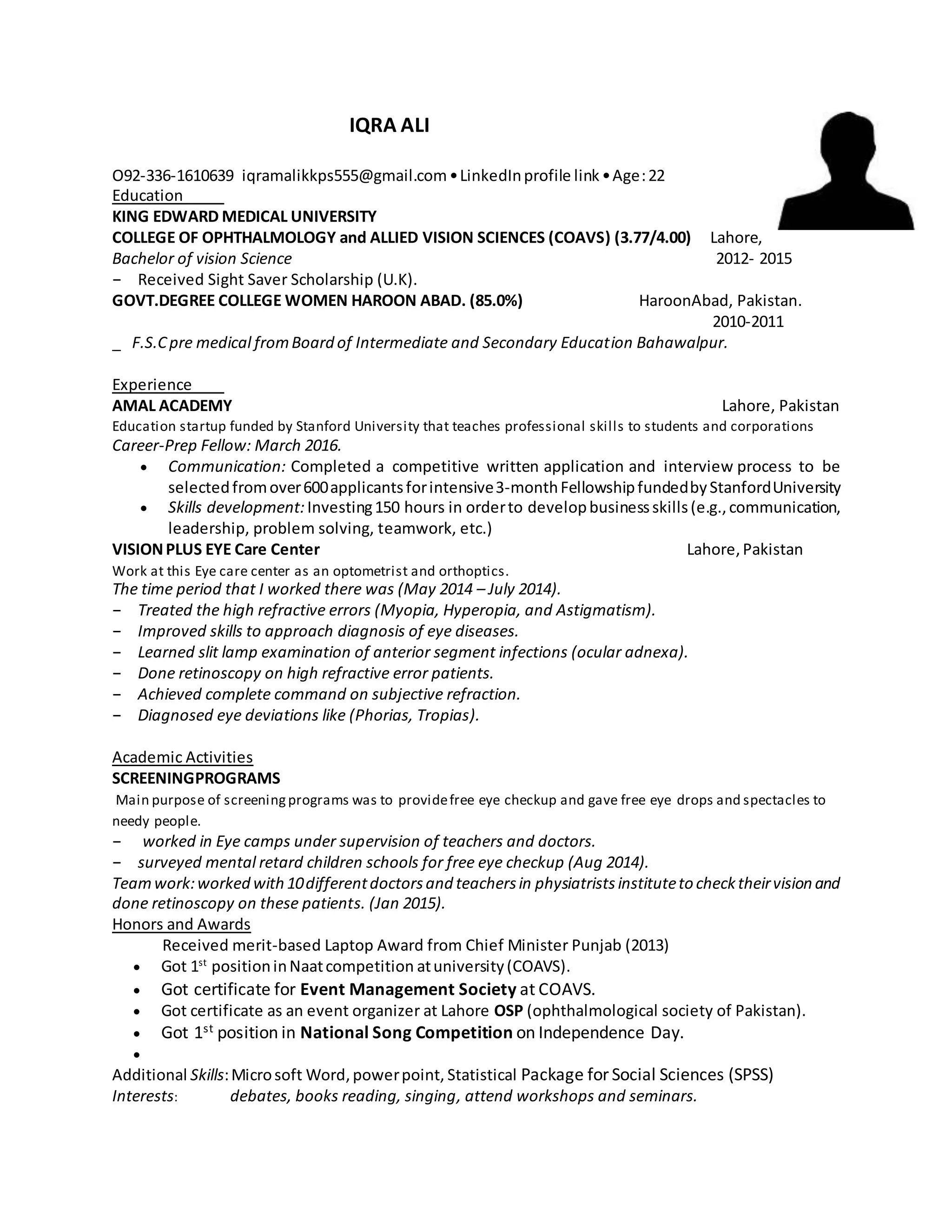 IQRA ALI-ResumeMarch2016 | DOCX
