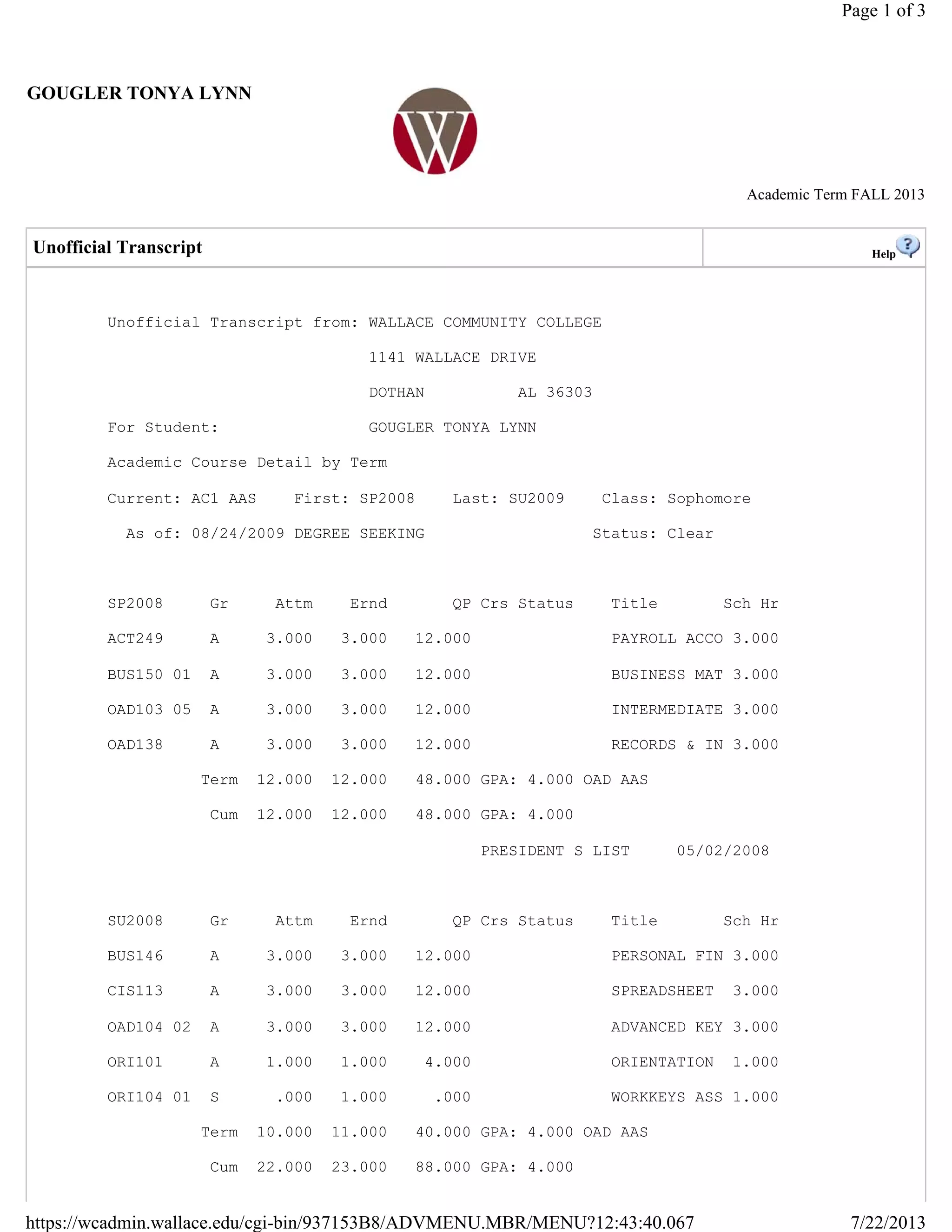 Wallace Unofficial Transcript (2) | PDF