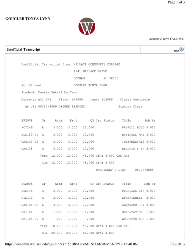 Wallace Unofficial Transcript (2) | PDF | Free Download