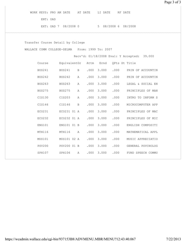 Wallace Unofficial Transcript (2) | PDF