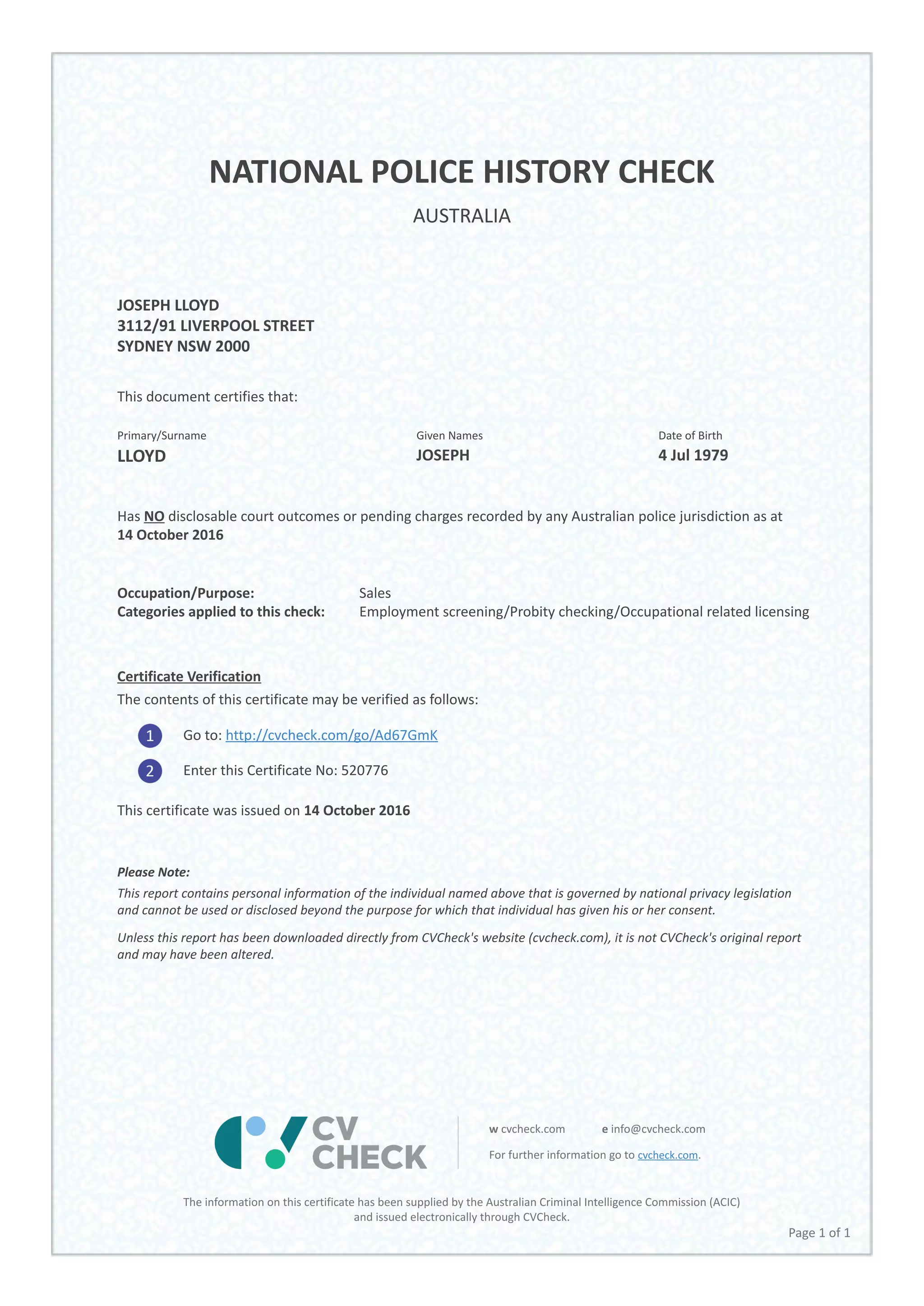 161016 - Police Certificate | PDF