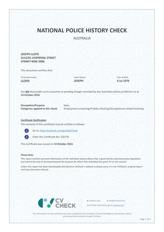 161016 - Police Certificate | PDF