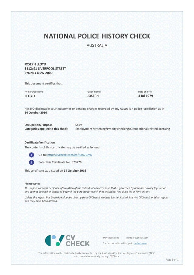 161016 - Police Certificate | PDF