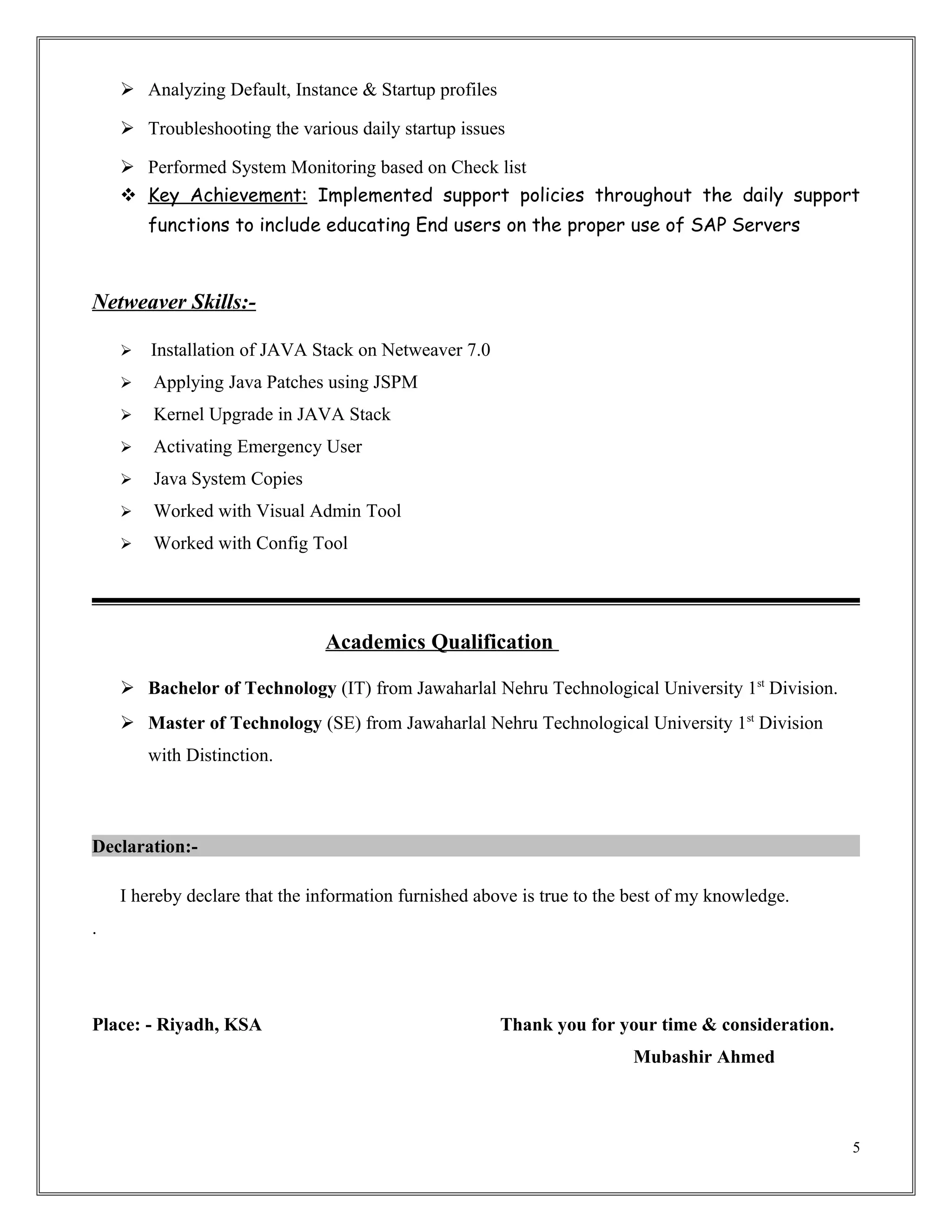 Mubashir Ahmed ERP SAP Basis Consultant Resume with 3 Yr Exp | DOC