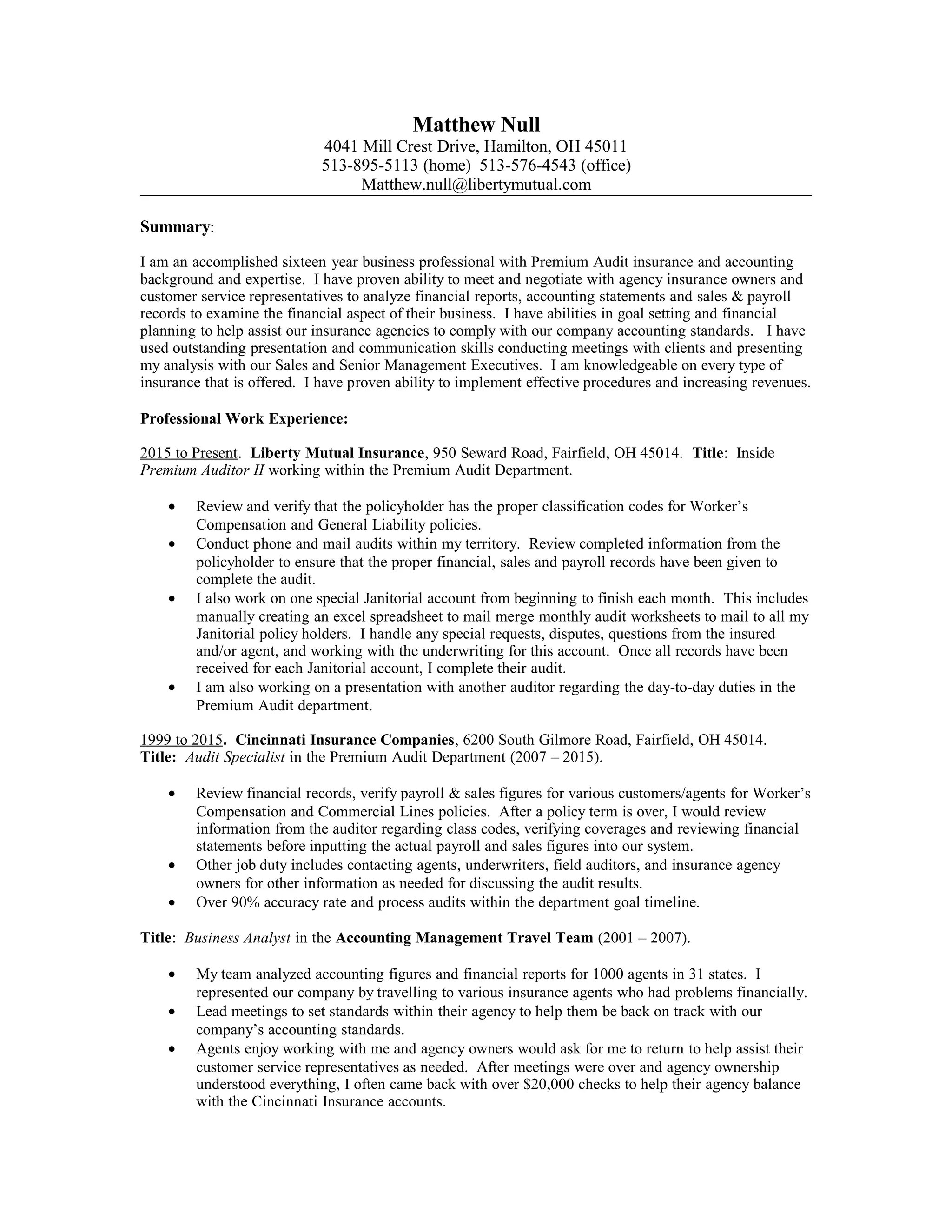 Liberty Mutual Audit Resume | DOC