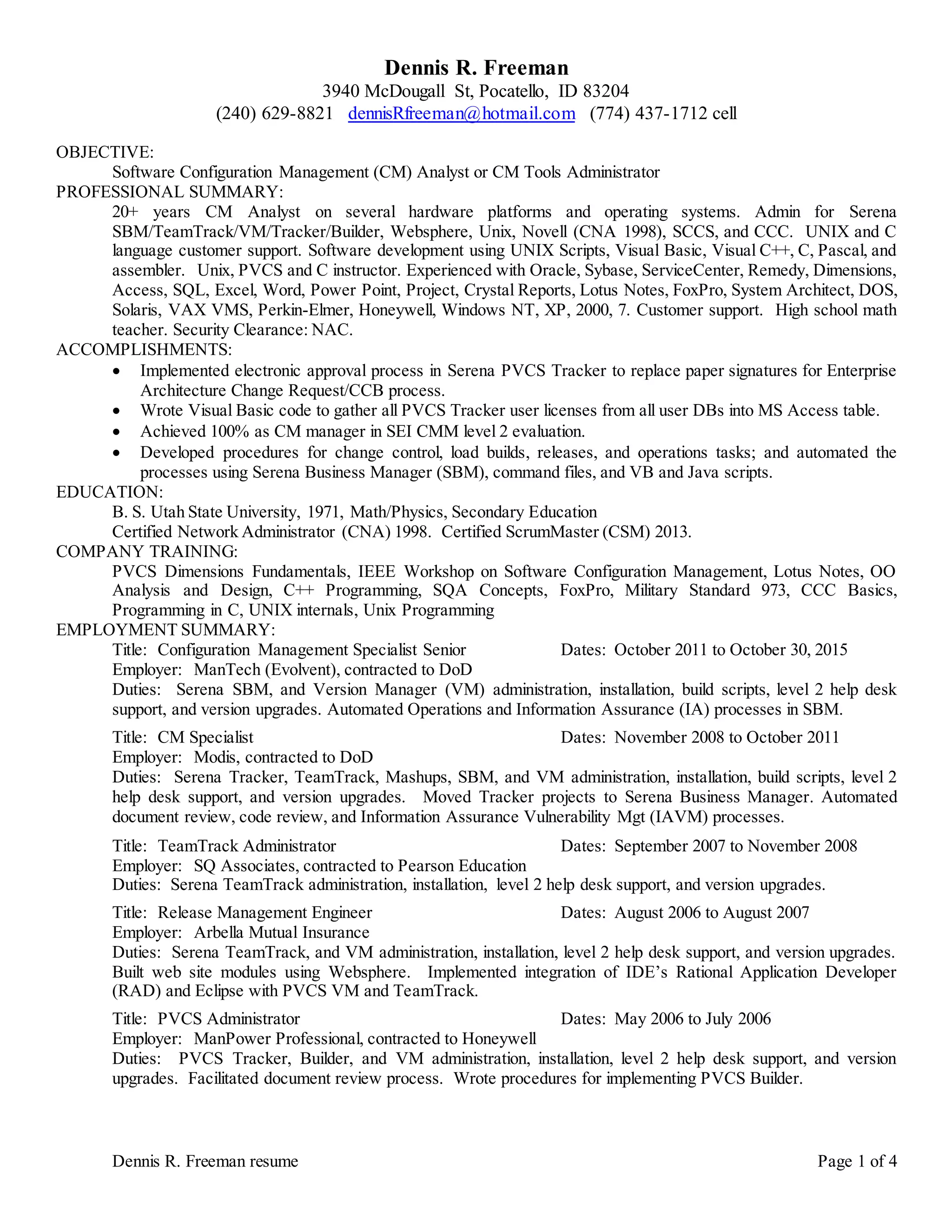 DennisFreemanResume | DOCX | Operating Systems | Computer Software and Applications