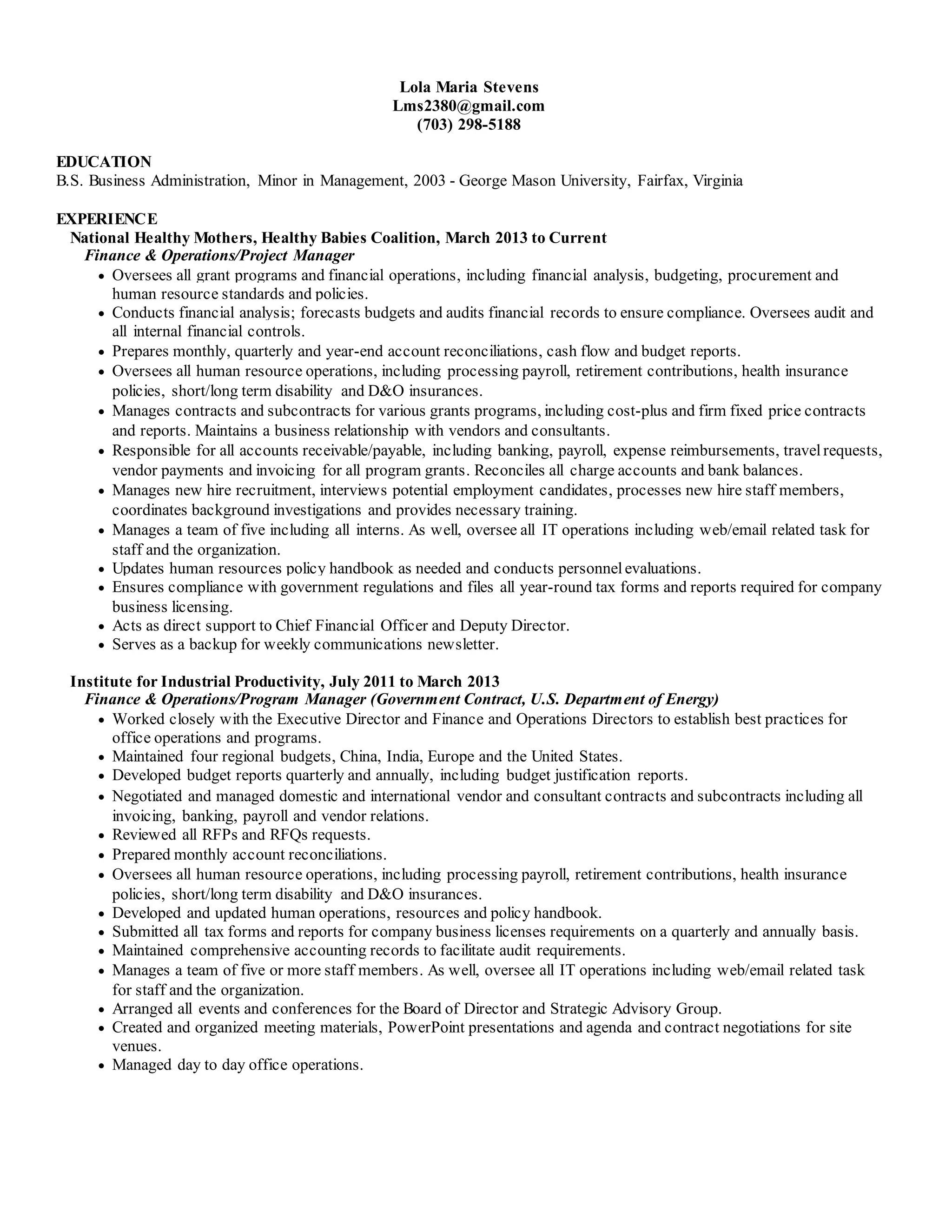Lola.Stevens_Professional Resume_Dec 2014 | DOCX | Human Resources | Business