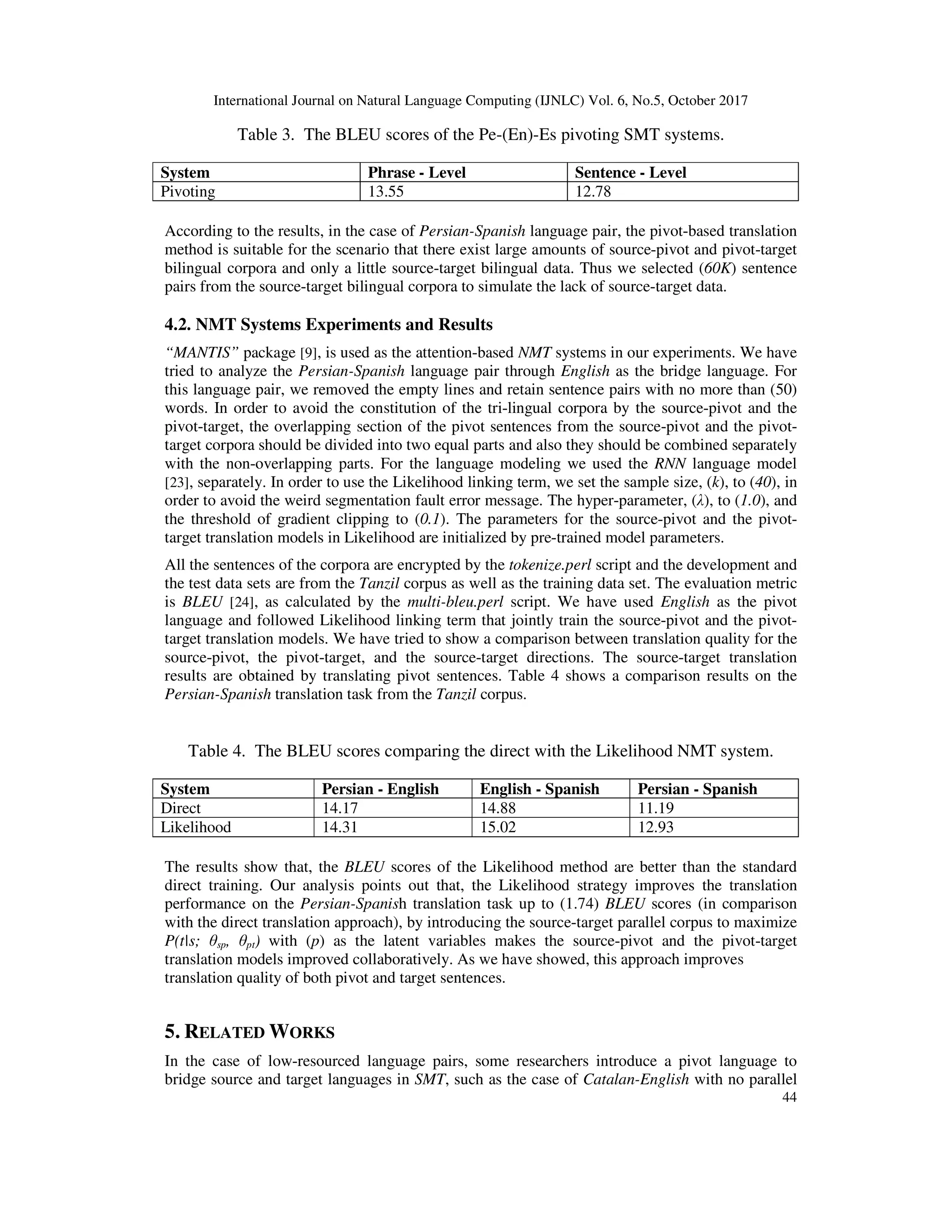 EMPLOYING PIVOT LANGUAGE TECHNIQUE THROUGH STATISTICAL AND NEURAL MACHINE TRANSLATION FRAMEWORKS ...