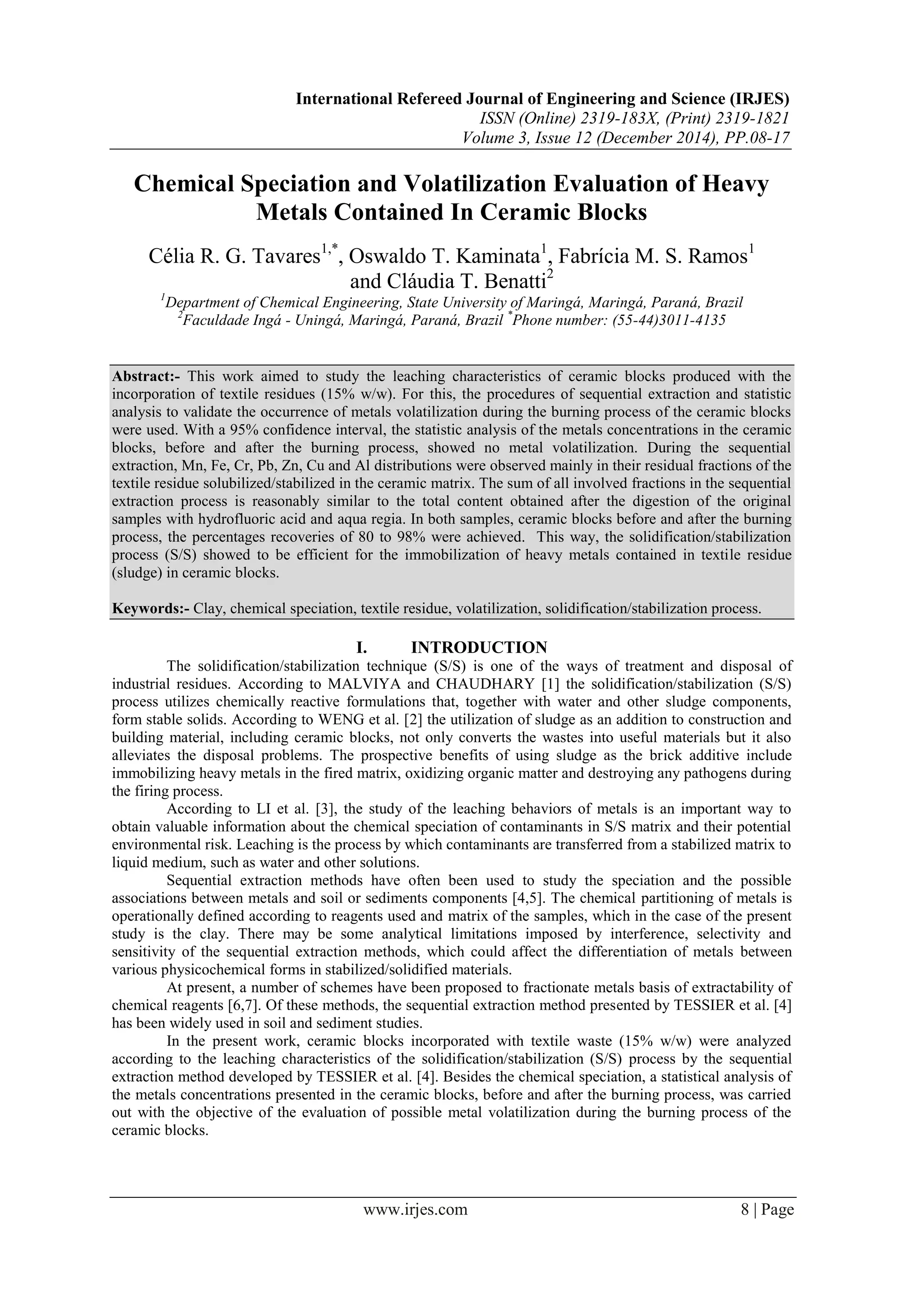 Chemical Speciation and Volatilization Evaluation of Heavy Metals ...