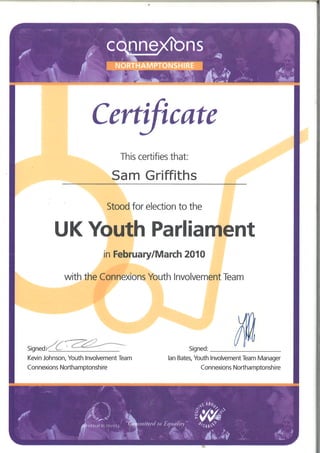 Youth Parliament Certificate | PDF