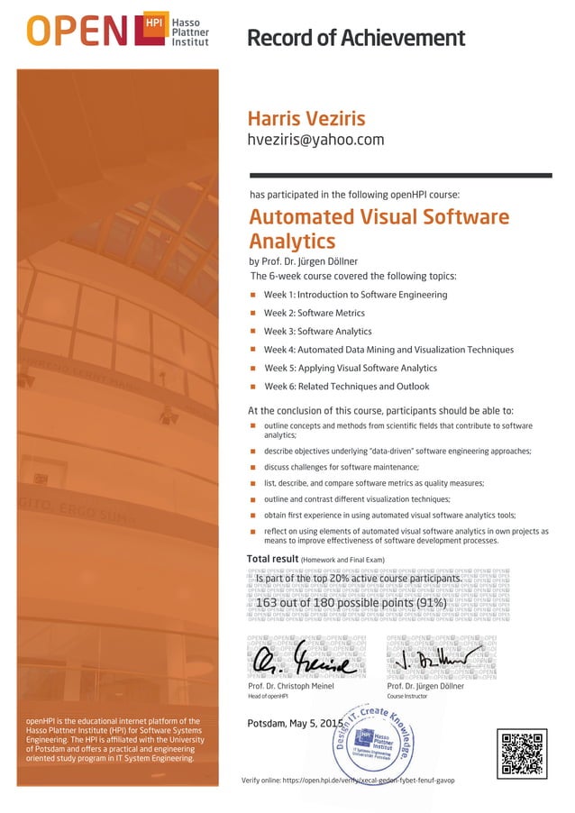 softwareanalytics2015-RecordOfAchievement | PDF | Computer Software and Applications | Computing