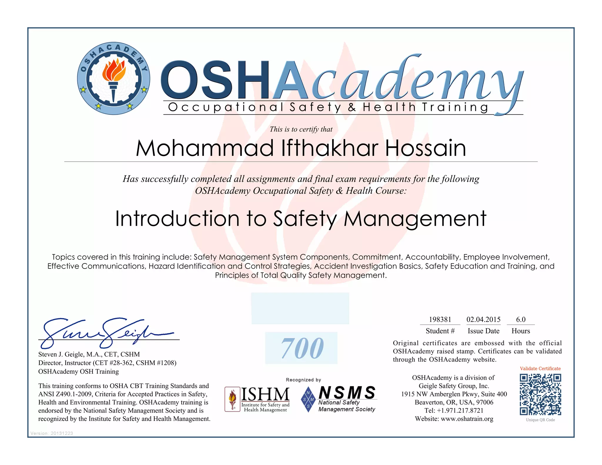 OSHA Certificate | PDF