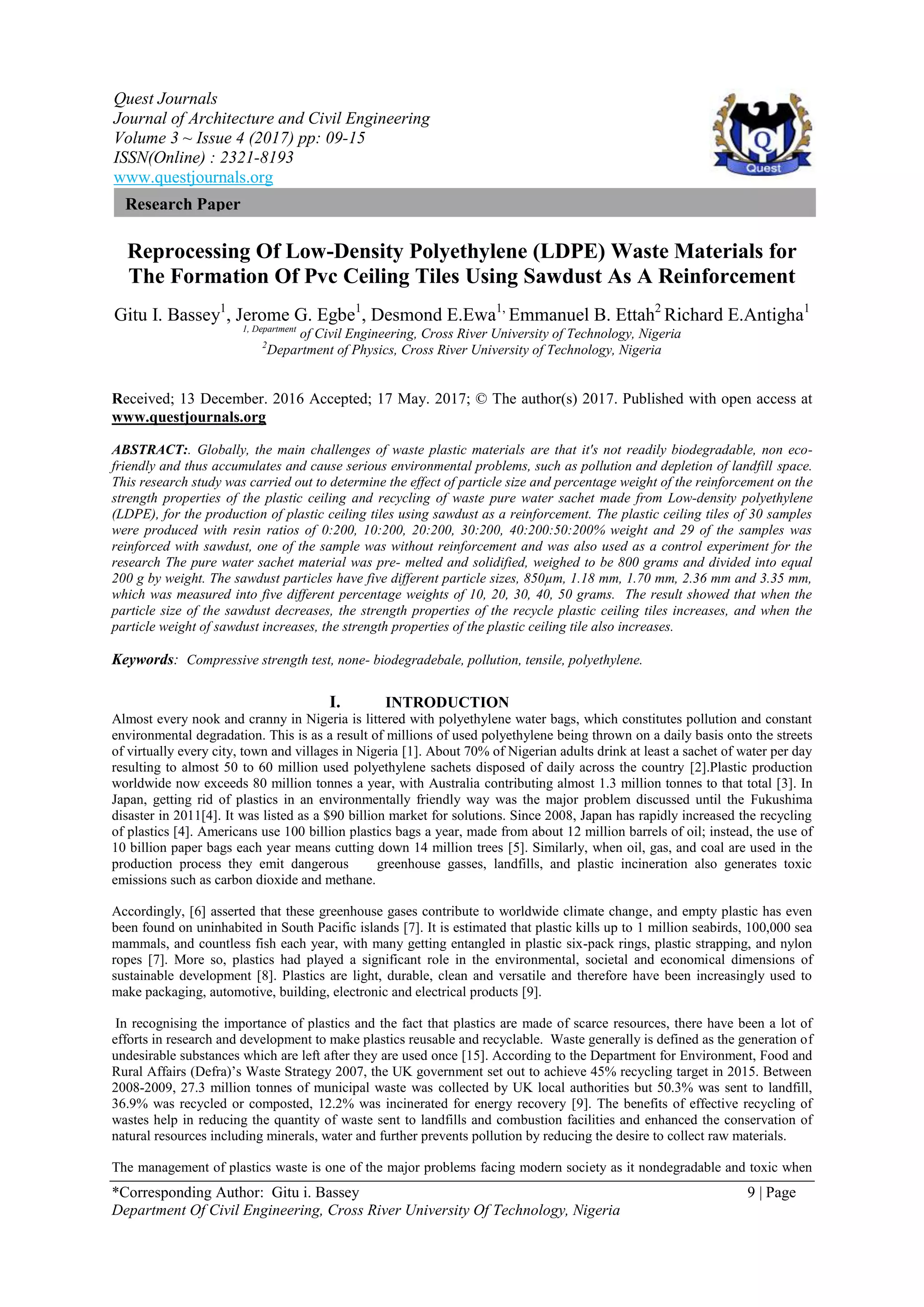 Reprocessing Of Low-Density Polyethylene (LDPE) Waste Materials for The ...