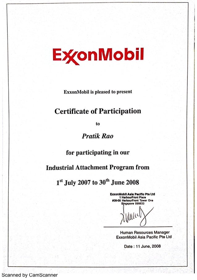 Pratik Rao - ExxonMobil Certificate | PDF