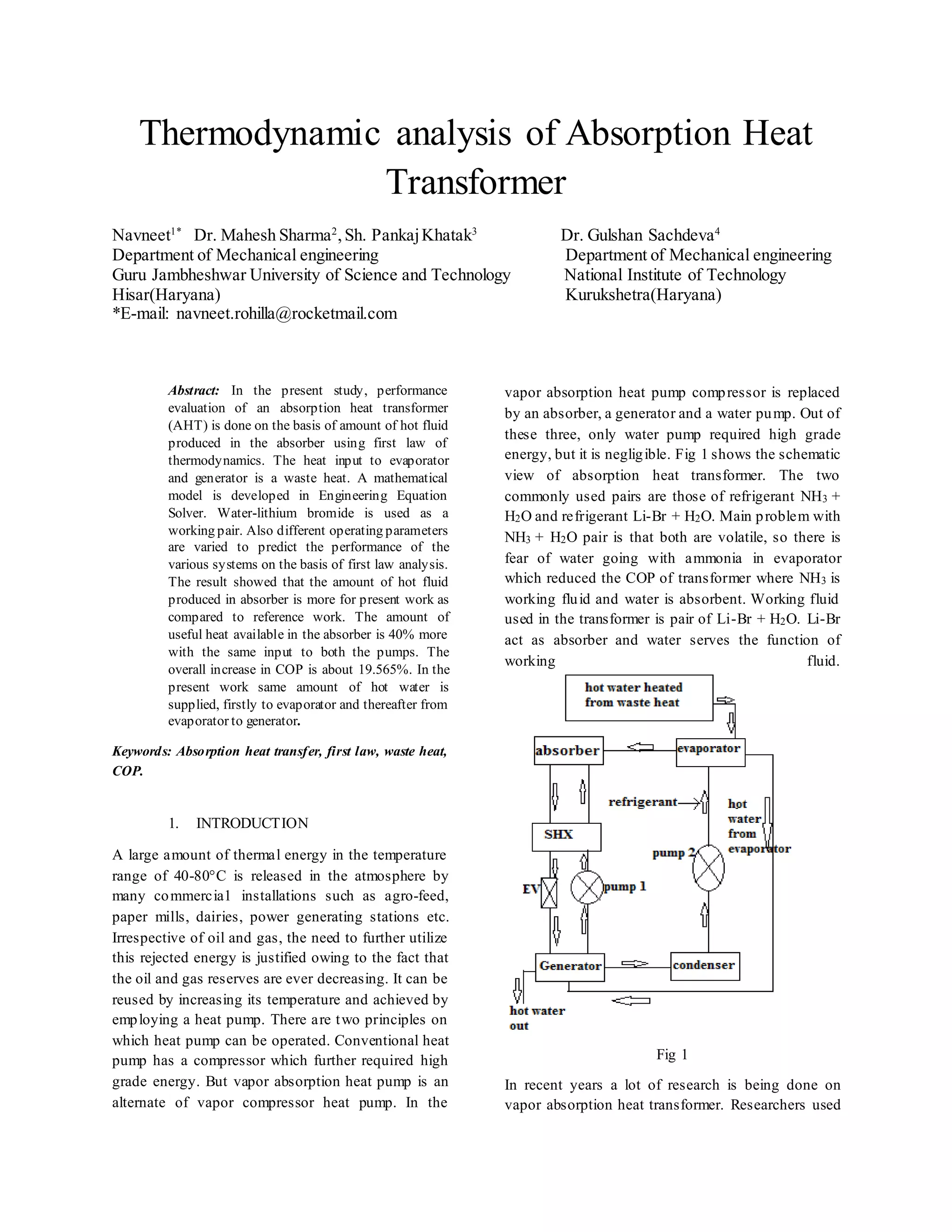 Thermodynamic Analysis of Absorption Heat Transformer | DOCX