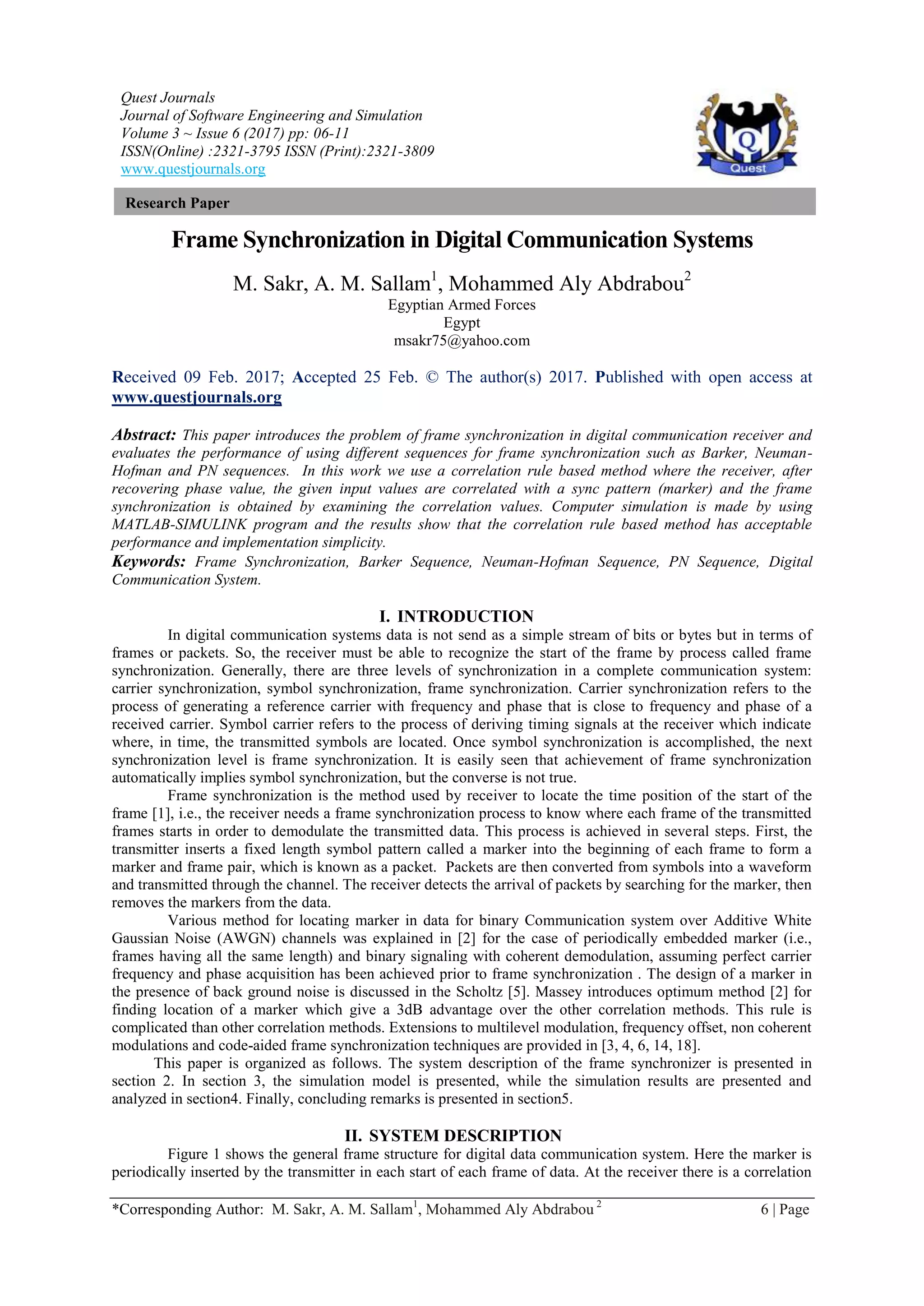 Frame Synchronization in Digital Communication Systems | PDF