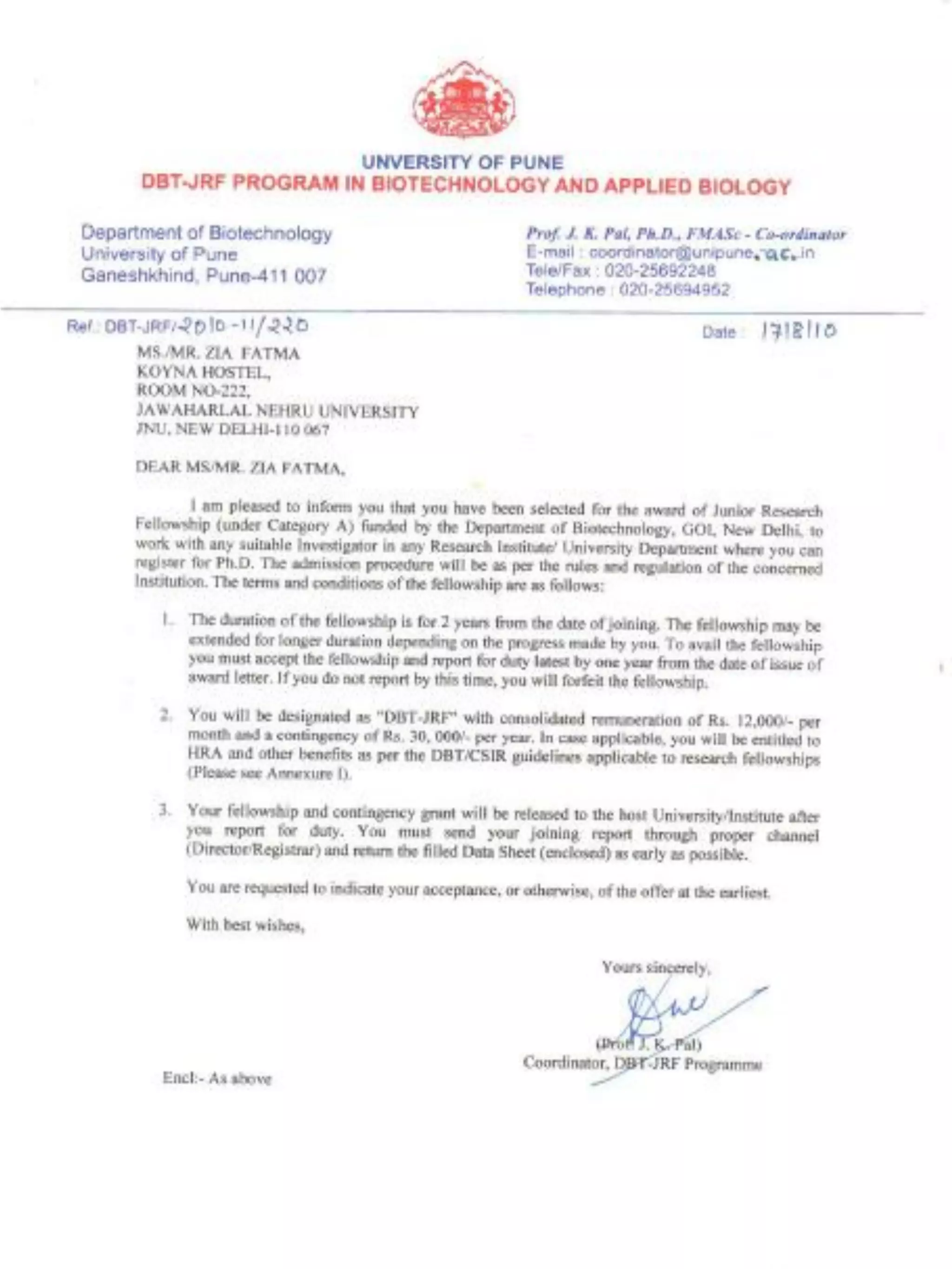 DBT-JRF Certificate | PDF