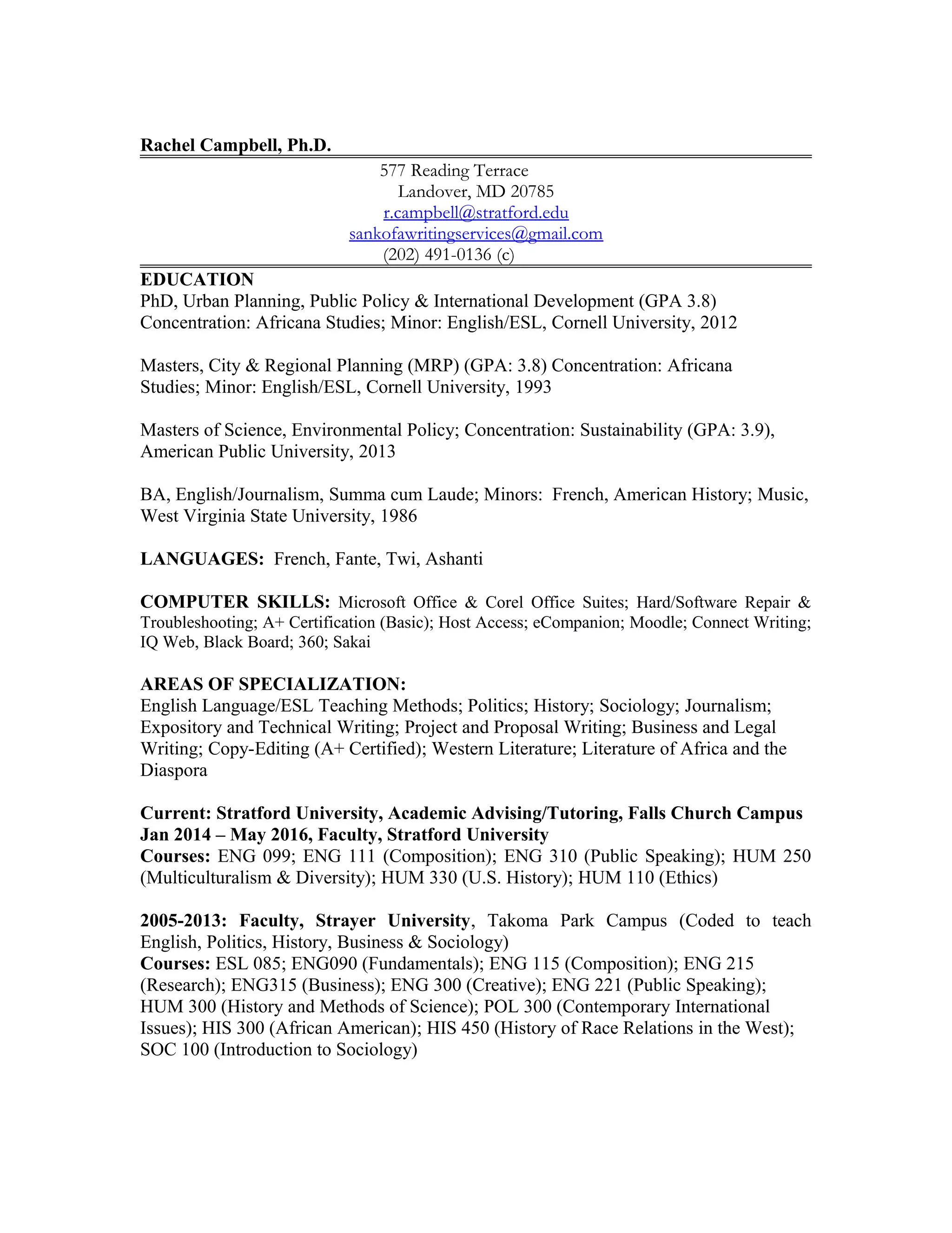 RACHEL CAMPBELL higher Education resume updated | DOC