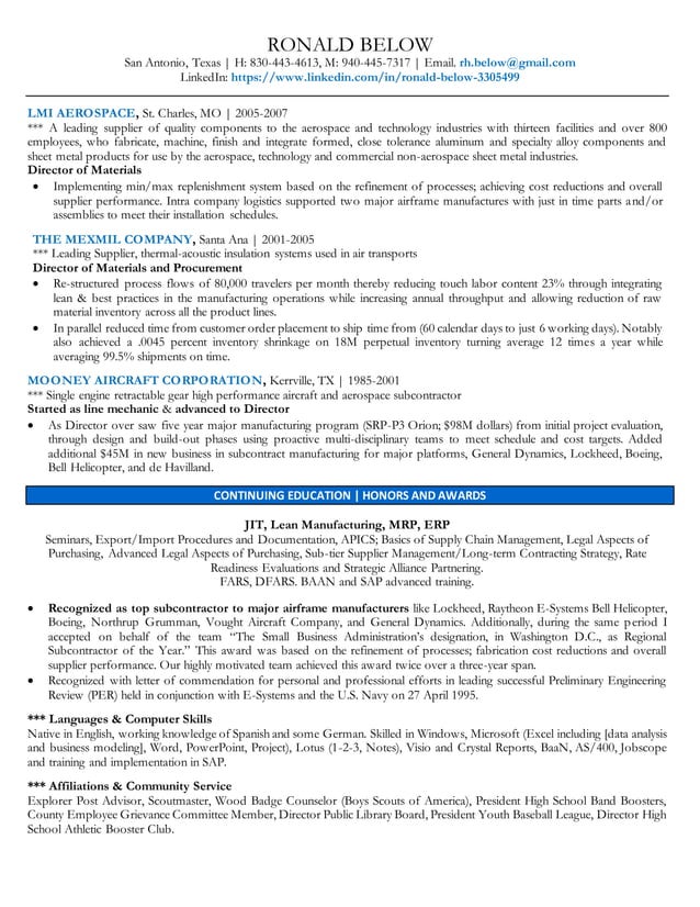 Ron Below Operations Management Resume | PDF