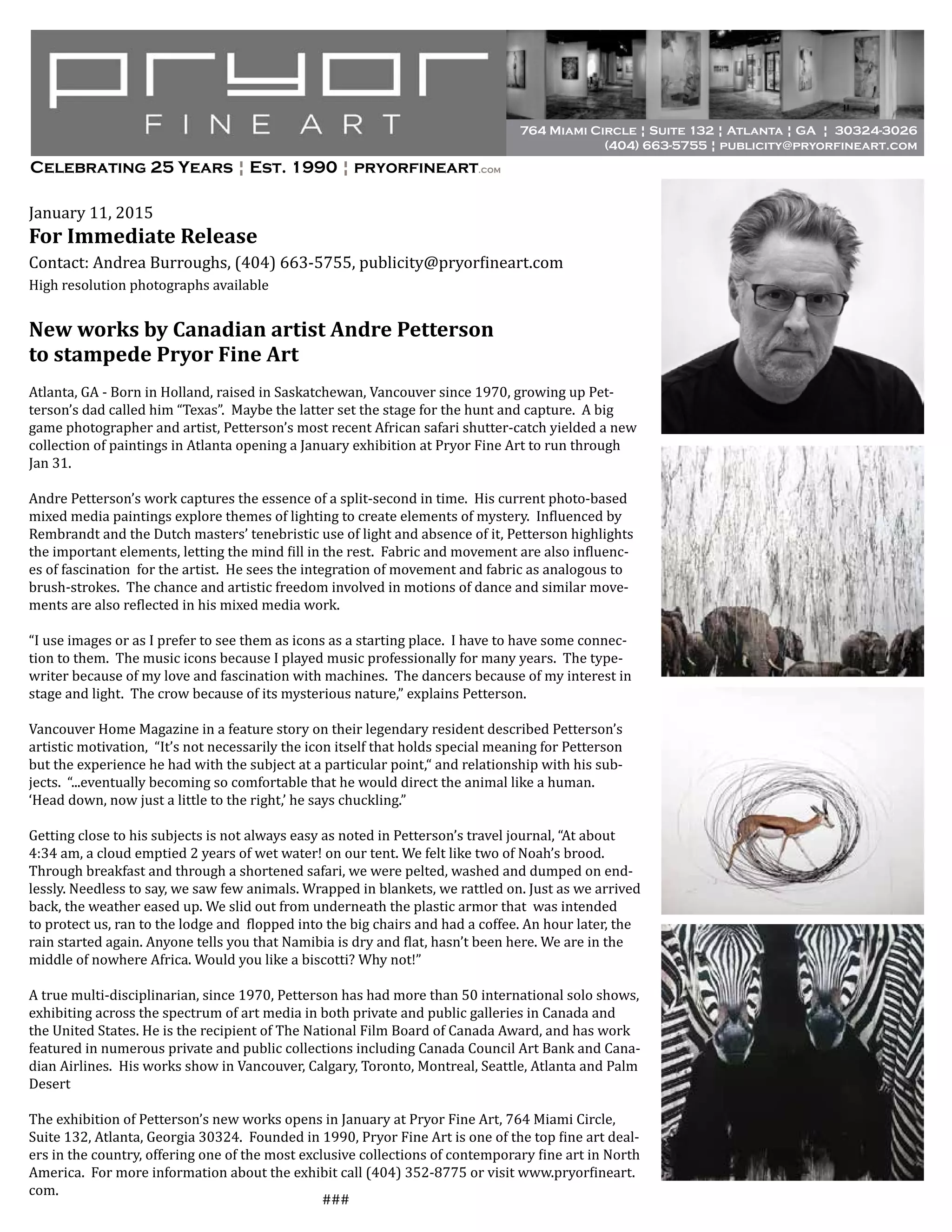 Canadian Artist Andre Petterson Jan 2015 Exhibition at Pryor Fine Art | PDF