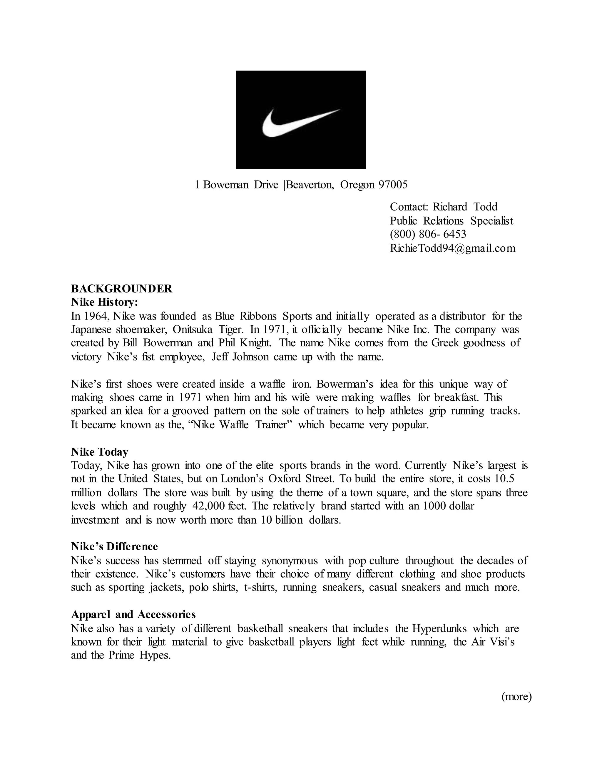 Nike Backgrounder PR Writing | DOCX