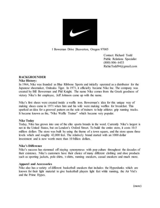 Nike Backgrounder PR Writing | DOCX
