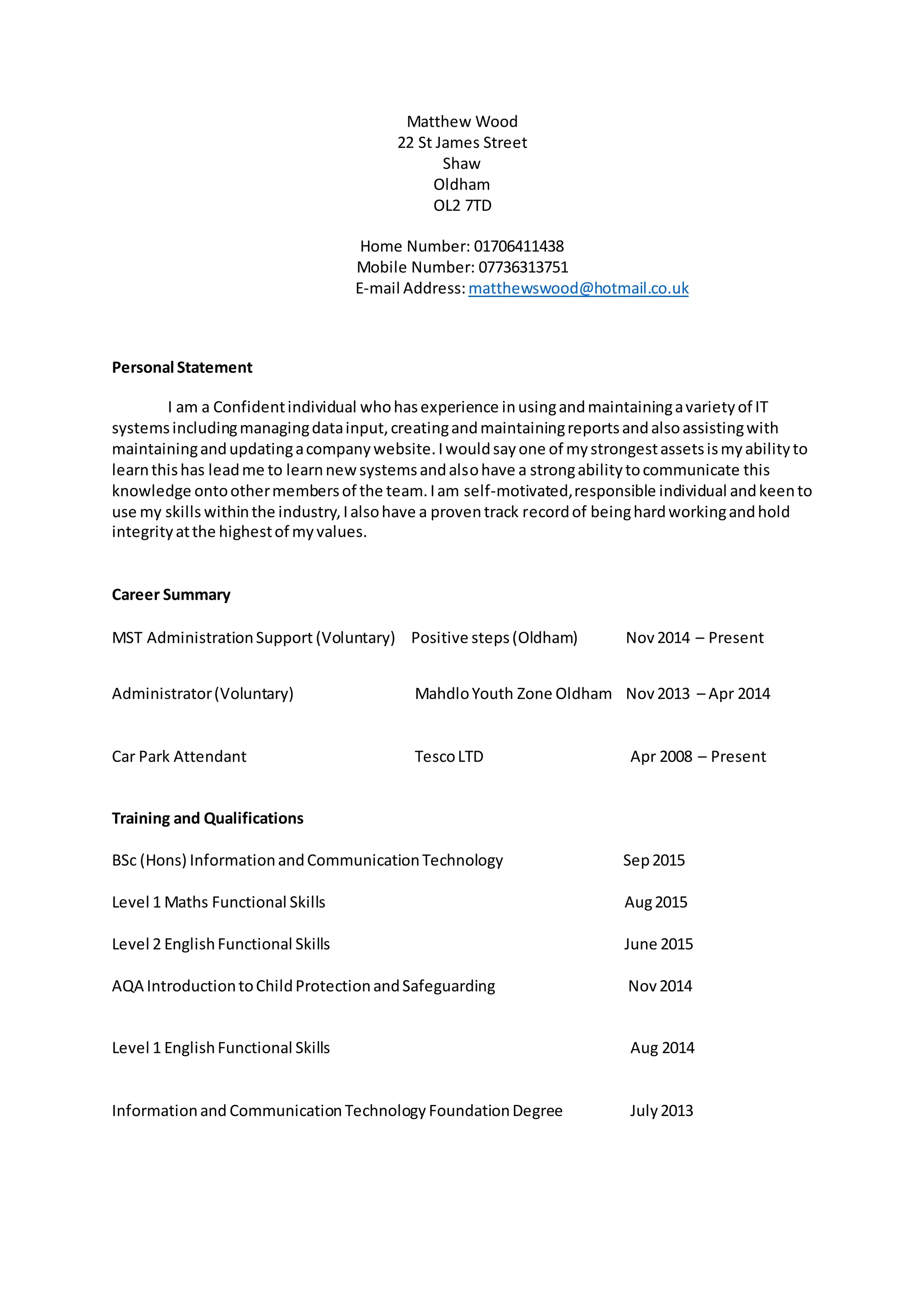 Matthew Wood CV | DOCX