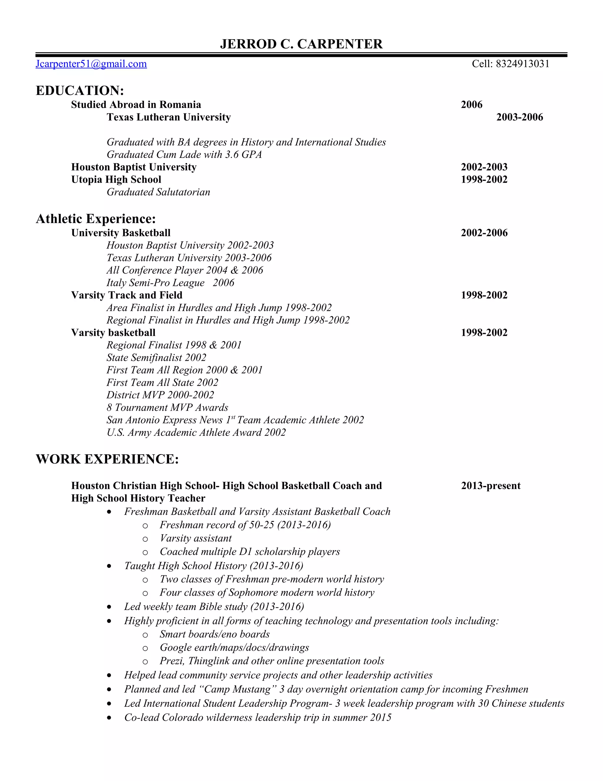 JC_Resume | DOC | College Basketball | College Sports